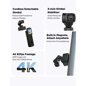 FeiyuTech Pocket 3 kit -Remote Handle&Camera 4K 60FPS Camera with Handheld 3-Axis Stabilizer, Pocket Action Camera, AI Tracking, Detachable Handle, Magnets for YouTube TikTok Video Vlog