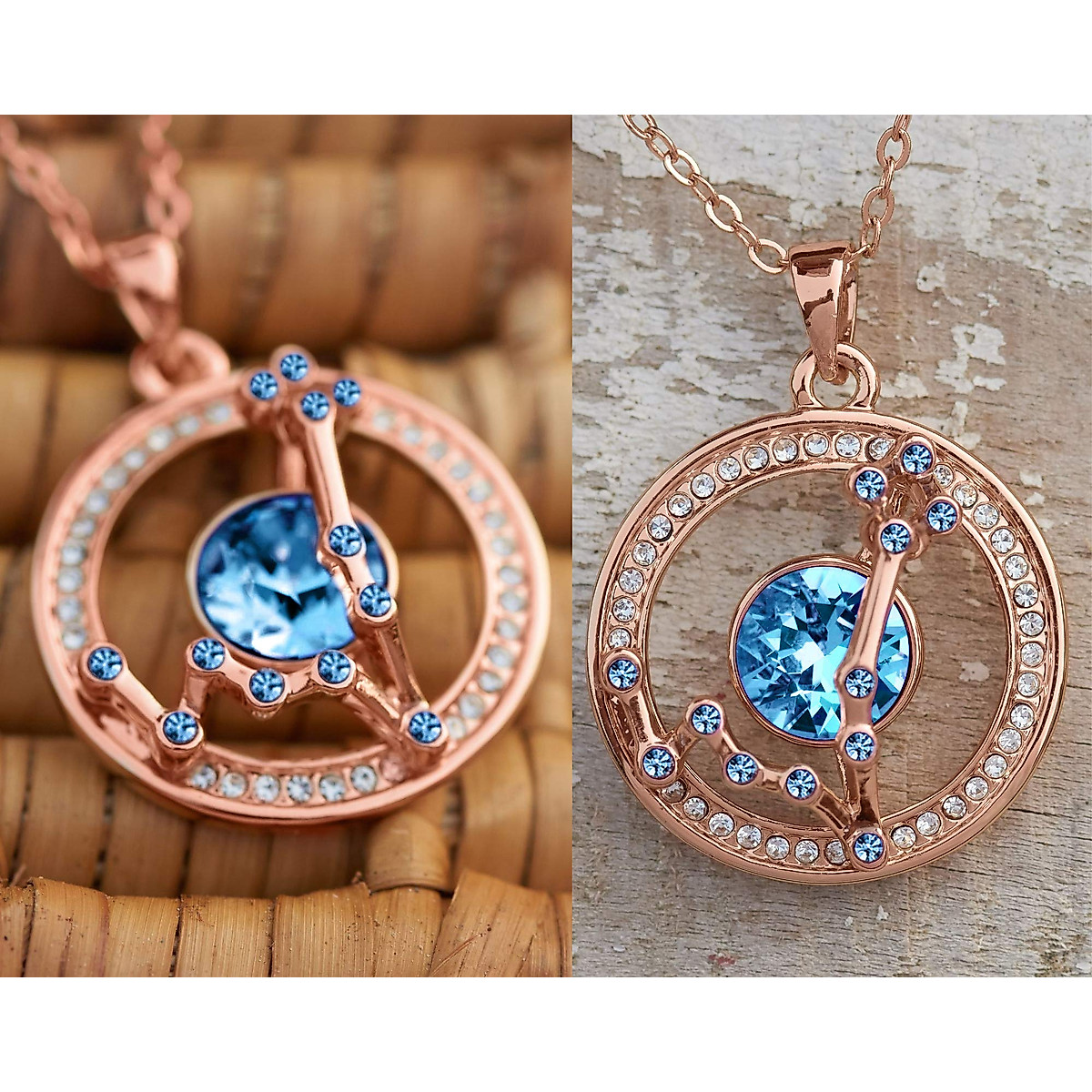 Leafael "Superstar Zodiac Constellation Pendant Necklace Made with Premium Crystals Feburary March Birthstone Amethyst Purple Horoscope Jewelry, Pisces, 14k Rose Gold Plated, 18"+2"