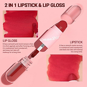 evpct 2 In 1 Matte Lipstick & Liquid Lipstick 6Pcs Set for Women, Dark Ruby Red Nude Beige Hot Pink Mauve Matte Vegan Long Wear Pink Lipstick Waterproof Long Lasting 24 Hour Lipstick Lip Gloss Stain