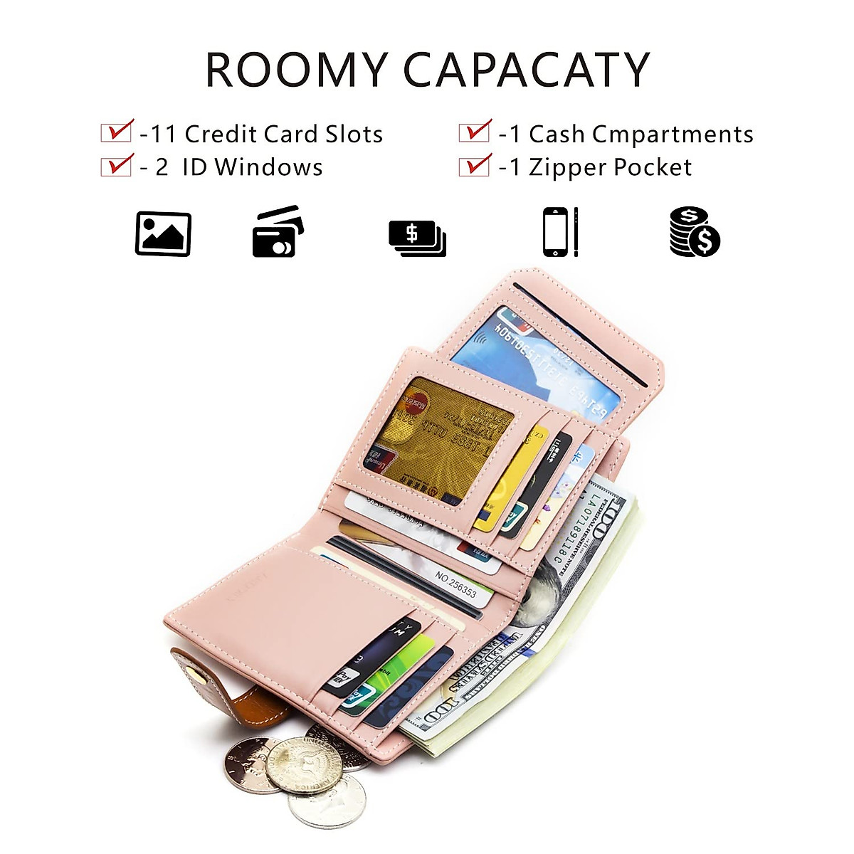 ANDOILT Wallets for Women Genuine Leather Small Bifold Wallet RFID Blocking Card Case Purse with ID Window Coin Pocket Pink