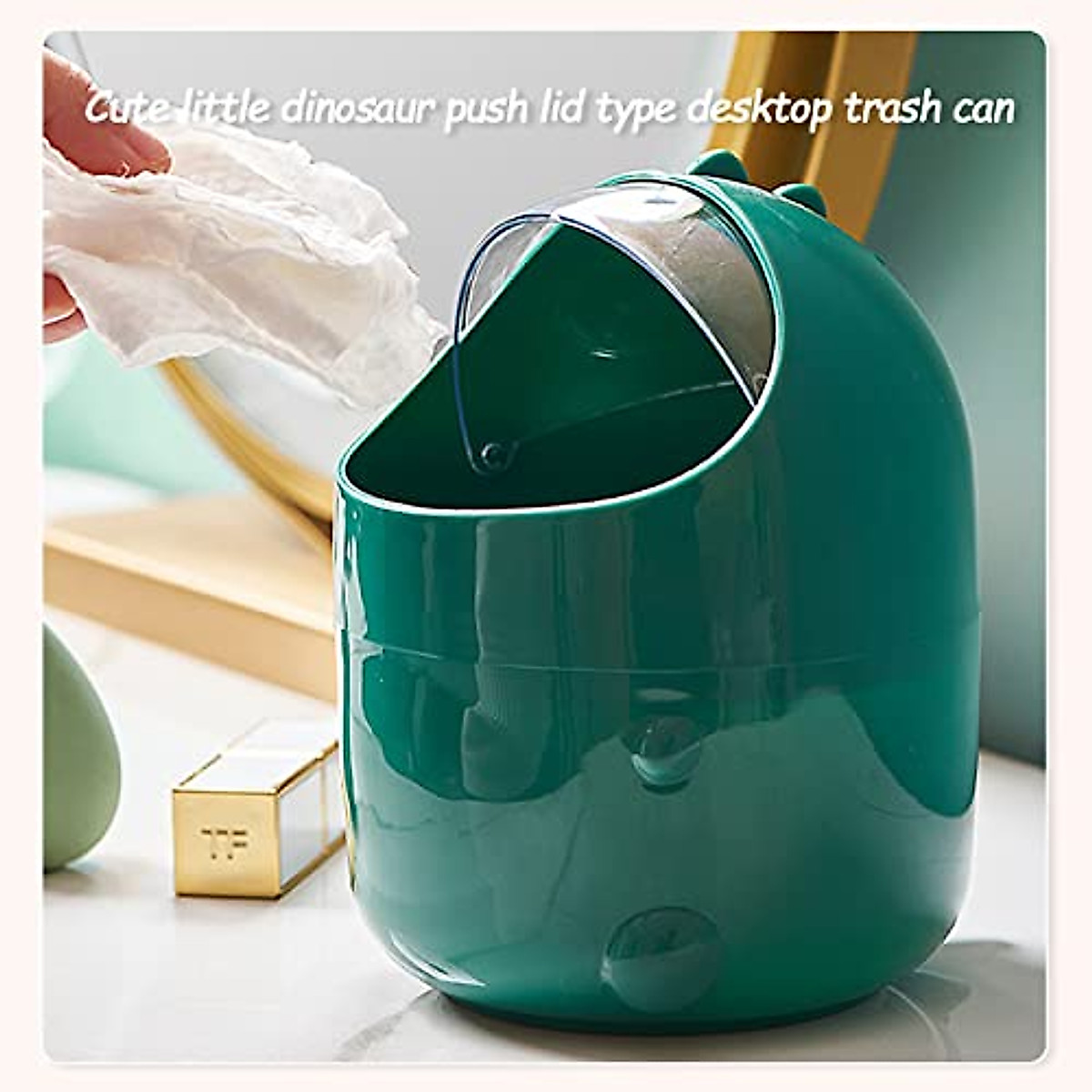 0.63 Gal Mini Desktop Trash Can with Lid, Cute Little Dinosaur Countertop Garbage Bin, Plastic Tiny Tabletop Wastebasket for Office/Kitchen/Coffee Table Room Decoration - Green