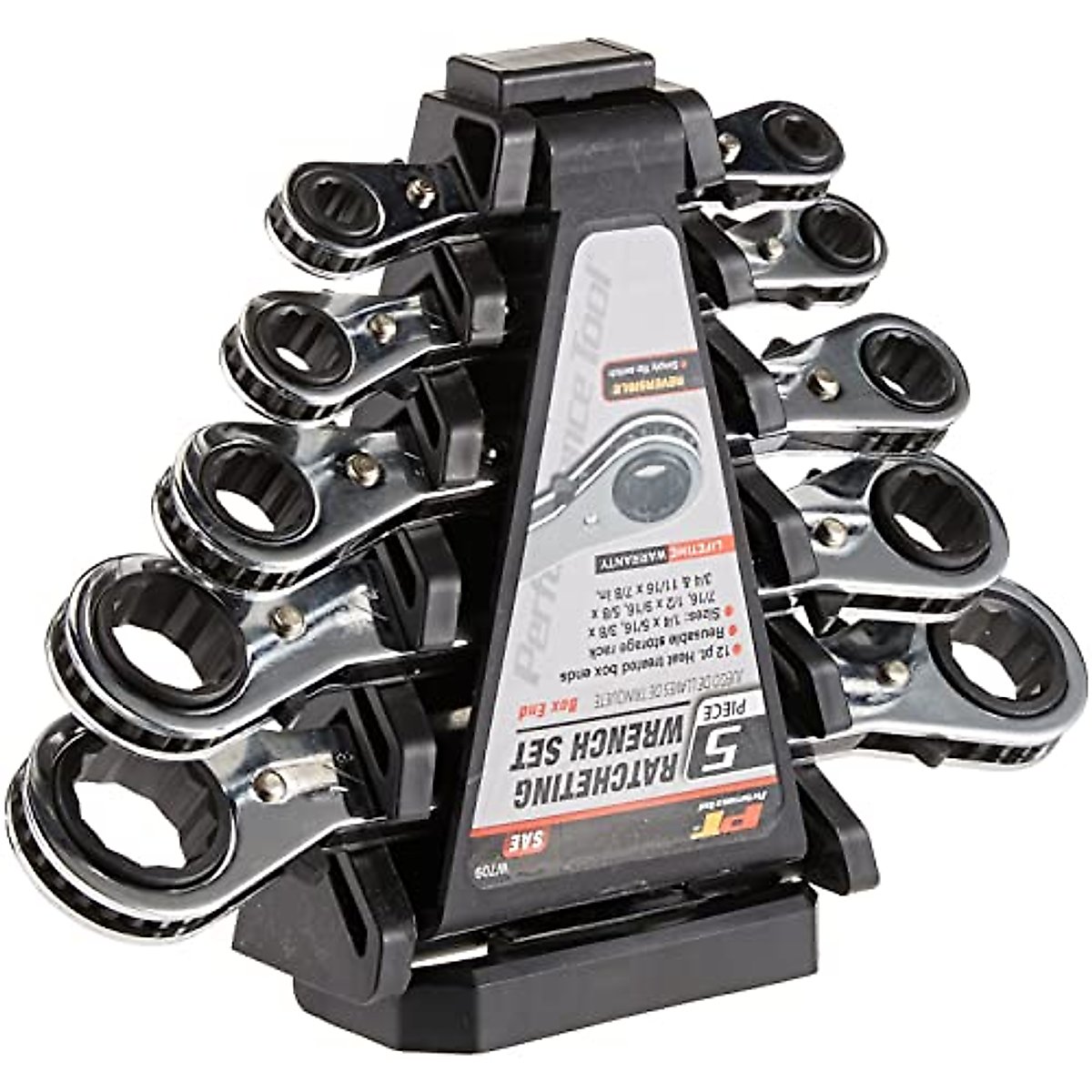 Performance Tool W709 SAE Reversible Ratcheting Wrench Set with 12 Point Box Ends, 5 Piece, 1/4-Inch to 11/16-Inch Sizes and Reusable Storage Rack