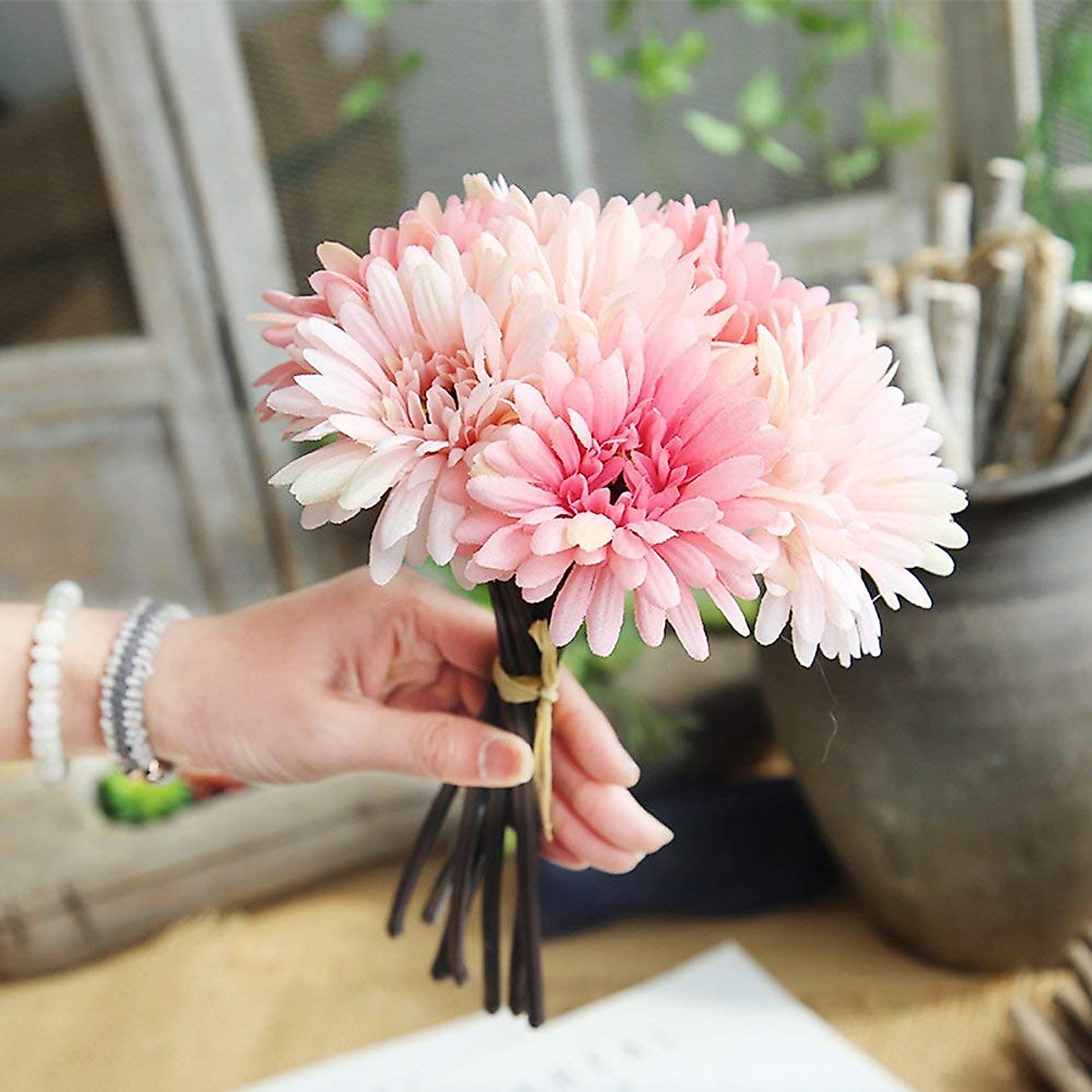 BigOtters Fake Daisy Fake Flowers, 14PCS Faux Gerbera Daisies African Silk Daisy Flowers Artificial for Wedding Bridal Bouquet Party Home Kitchen Decor(Pink and White)