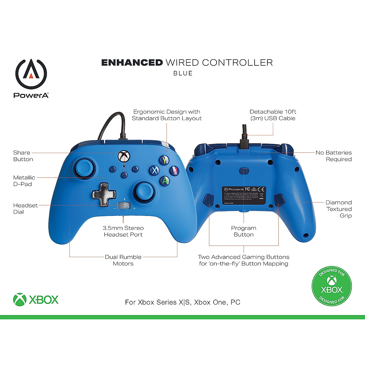 PowerA Enhanced Wired Controller for Xbox Series X|S - Blue, Officially Licensed for Xbox