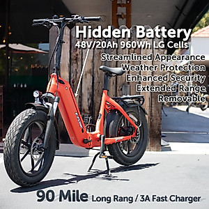 Young Electric Bike E-Flow 750W Peak 1000W Folding Ebike, Up to 90Mi 28MPH, 48V/20Ah Hidden Battery, 20''x4.0'' Fat Tire Step-Through Fast Cargo EBike for Adult, Commute Moutain E-Bike (Radio Orange)