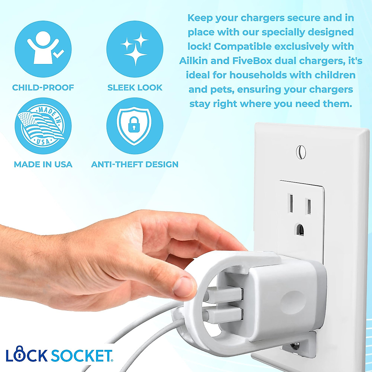Lock Socket Charger Lock for Ailkin Dual Chargers Anti-Theft & Tug-Proof Charger Lock System A Safety Device to Prevent Unplugging Simplest Way to Lock Your Charger to Wall Plate via Security Screw