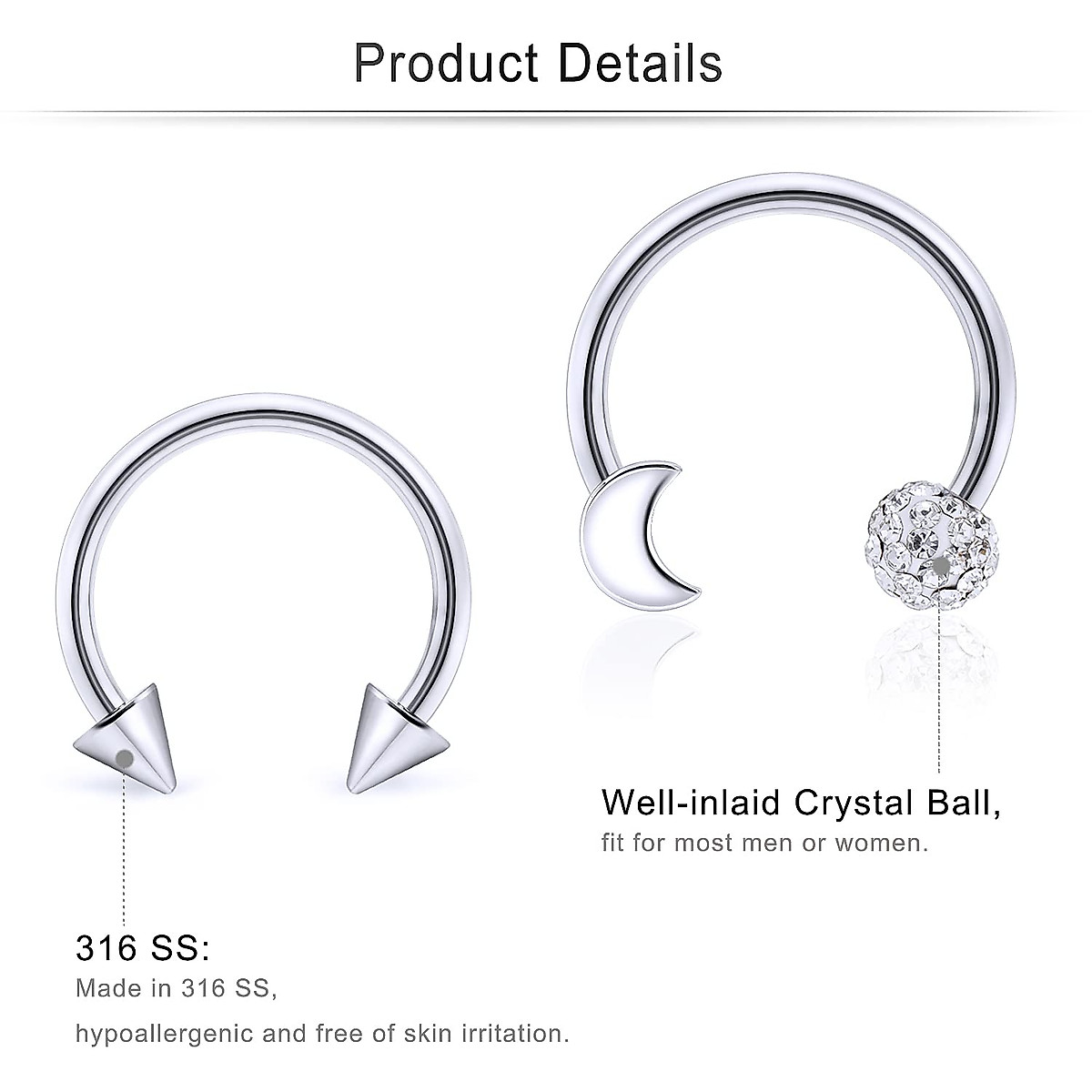 Cisyozi 16G Septum Rings Piercing Jewelry Stainless Surgical Steel Horseshoe Dragon Claw Butterfly Moon Septum Nose Nostril Eyebrow Smiley Lip Ring Hoop Piercings Jewelry Women Men Silver Black 10mm