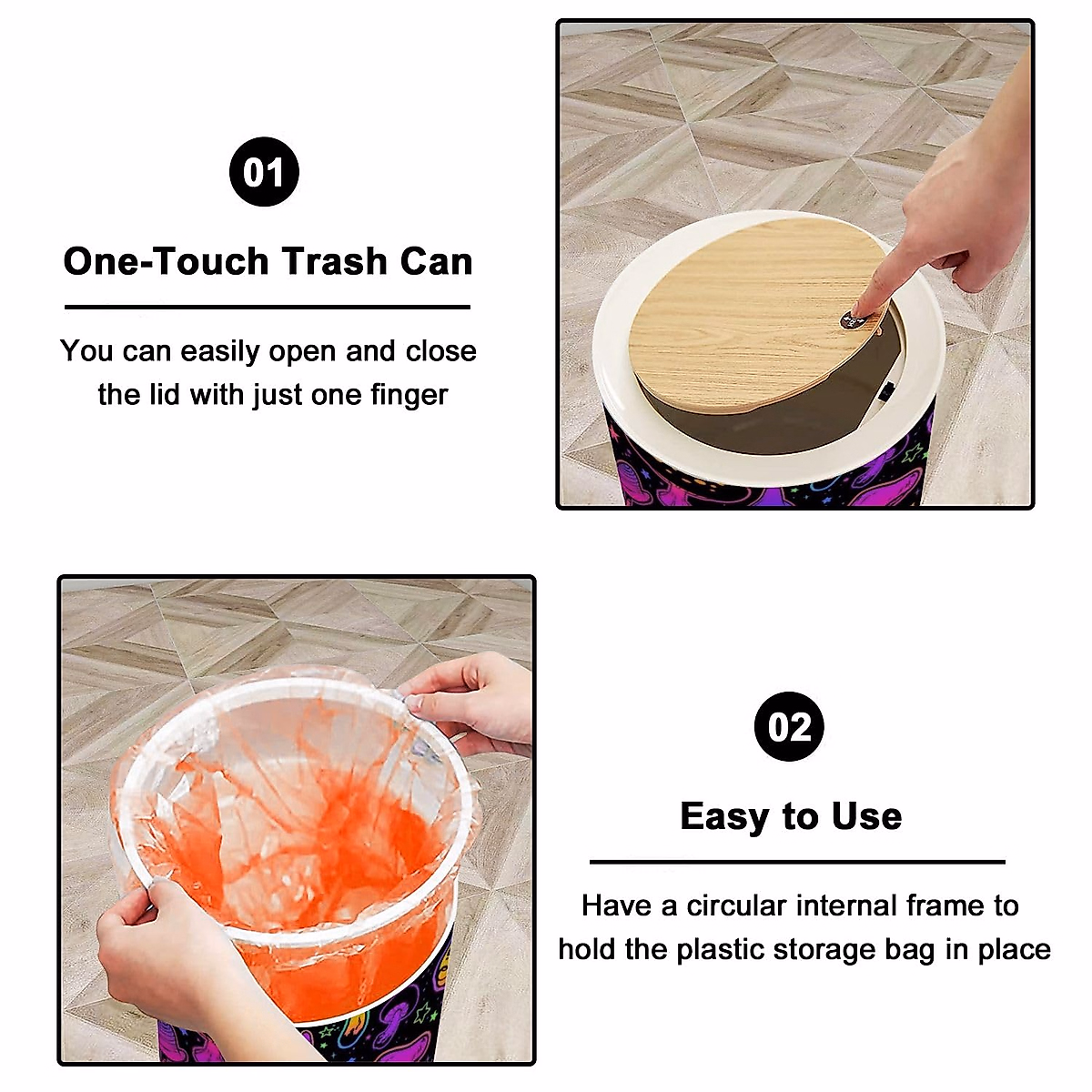 LGCZNWDFHTZ Small Trash Can with Lid for Bathroom Kitchen Office Seamless bright psychedelic mushrooms Garbage Bin Waste Basket Decorative 1.8 gallons, 14x9inch