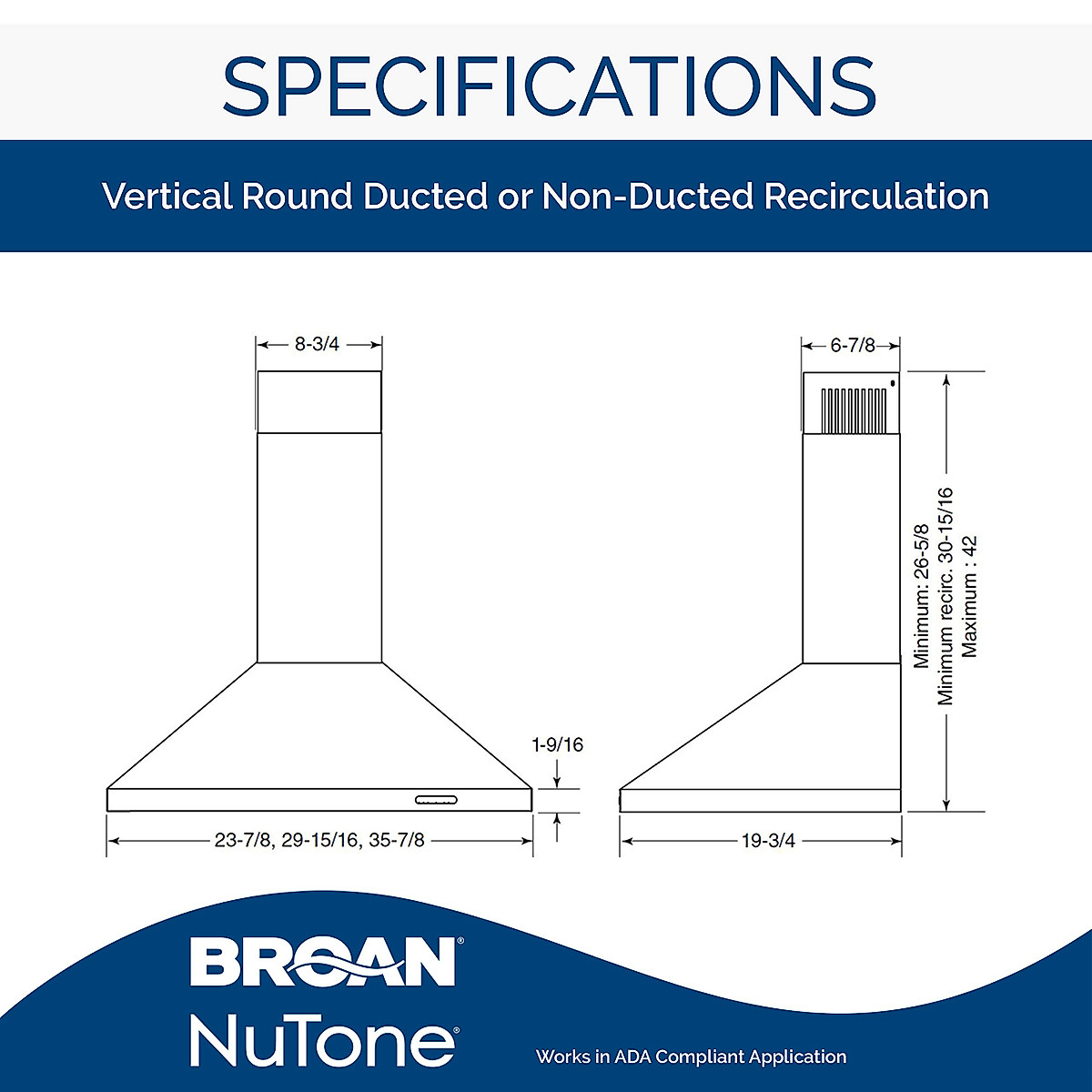 Broan-NuTone EW4830SS Stainless Steel LED, 400 30-inch Wall-Mount Convertible Chimney-Style Range Hood with 3-Speed Exhaust Fan and Light, 460 Max Blower CFM