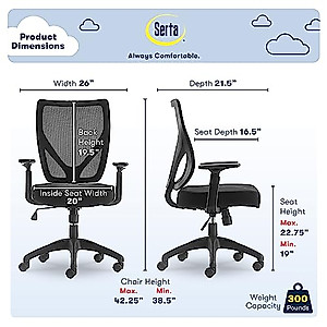 Serta Production Office Chair with Nylon Base, Adjustable Ergonomic Midback Lumbar Support, Breathable Mesh Back, Black
