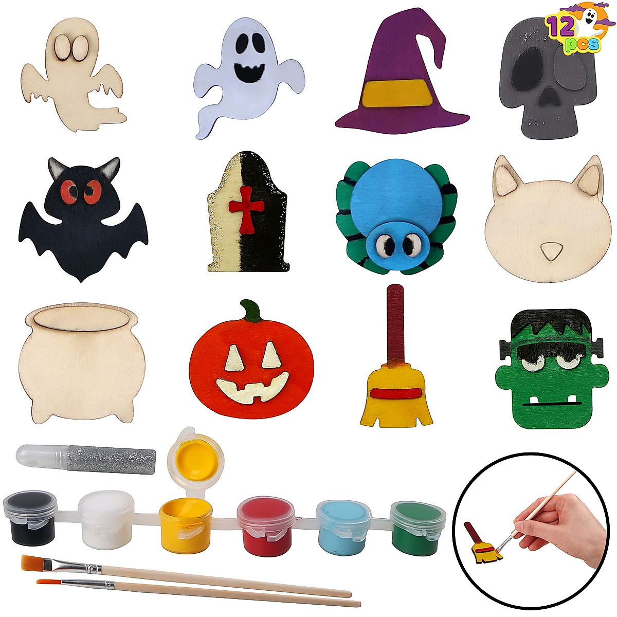 JOYIN 12 Pcs Halloween Wooden Magnet Creativity Arts & Crafts Painting Kit for Kids, Decorate Your Own Painting Gift, Family Activity Project Birthday Gift Favors for Boys Girls
