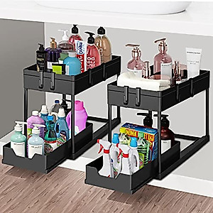 2 Pack Under Sink Organizer, Under Sink Organizers and Storage, Sliding 2 Tier Cabinet Organizer, Multi-Purpose Storage Rack with Hooks for Kitchen and Bathroom, Office, Bedroom(2 Pack) (Black2)