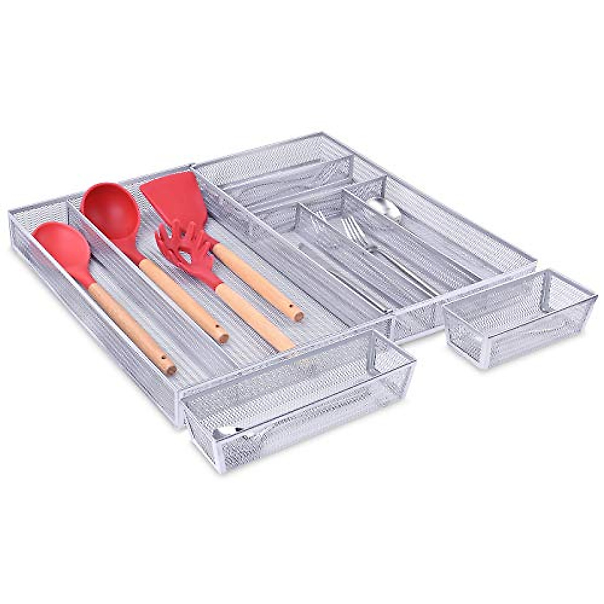 WuGeShop Expandable Kitchen Drawer Organizer, Large Silverware Organizer, Adjustable Mesh Utensils Cutlery Tray with Anti-slip Mat (7+2 Compartment, Silver)