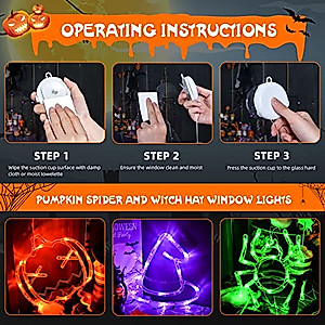 LOLStar Halloween Decorations 3 Pack Orange Pumpkin Green Spider Purple Witch Hat Halloween Window Lights with Suction Cup Battery Operated Halloween Lights, 2023 Upgrade Slow Fade Mode Timer Function
