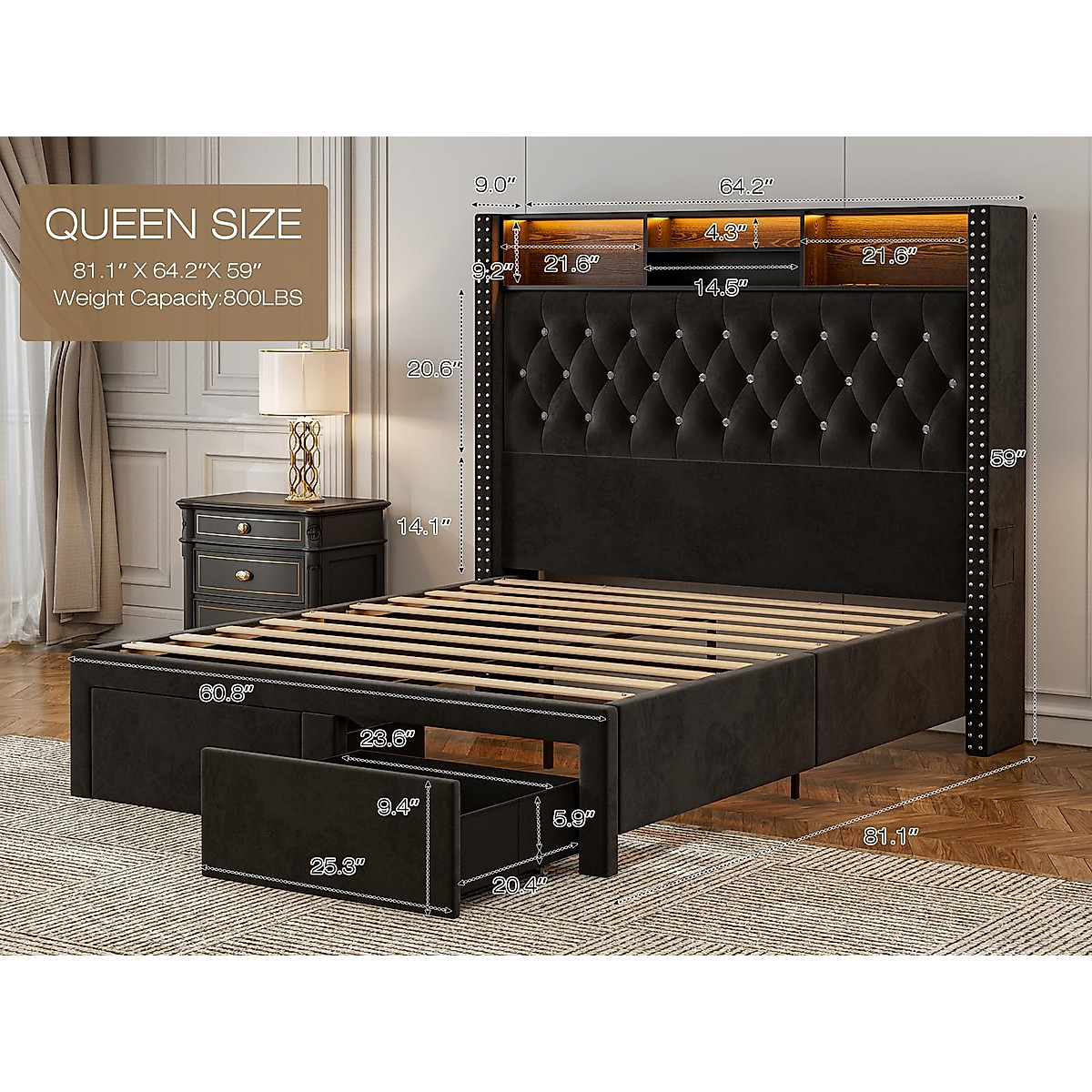 CIKUNASI Upholstered Queen Size Bed Frame with Headboard and Storage, 60“Tall Bed Frame with 2 Drawers, Tufted Wingback Bed Frame Queen Size LED Light, Charging Station, No Box Spring Needed