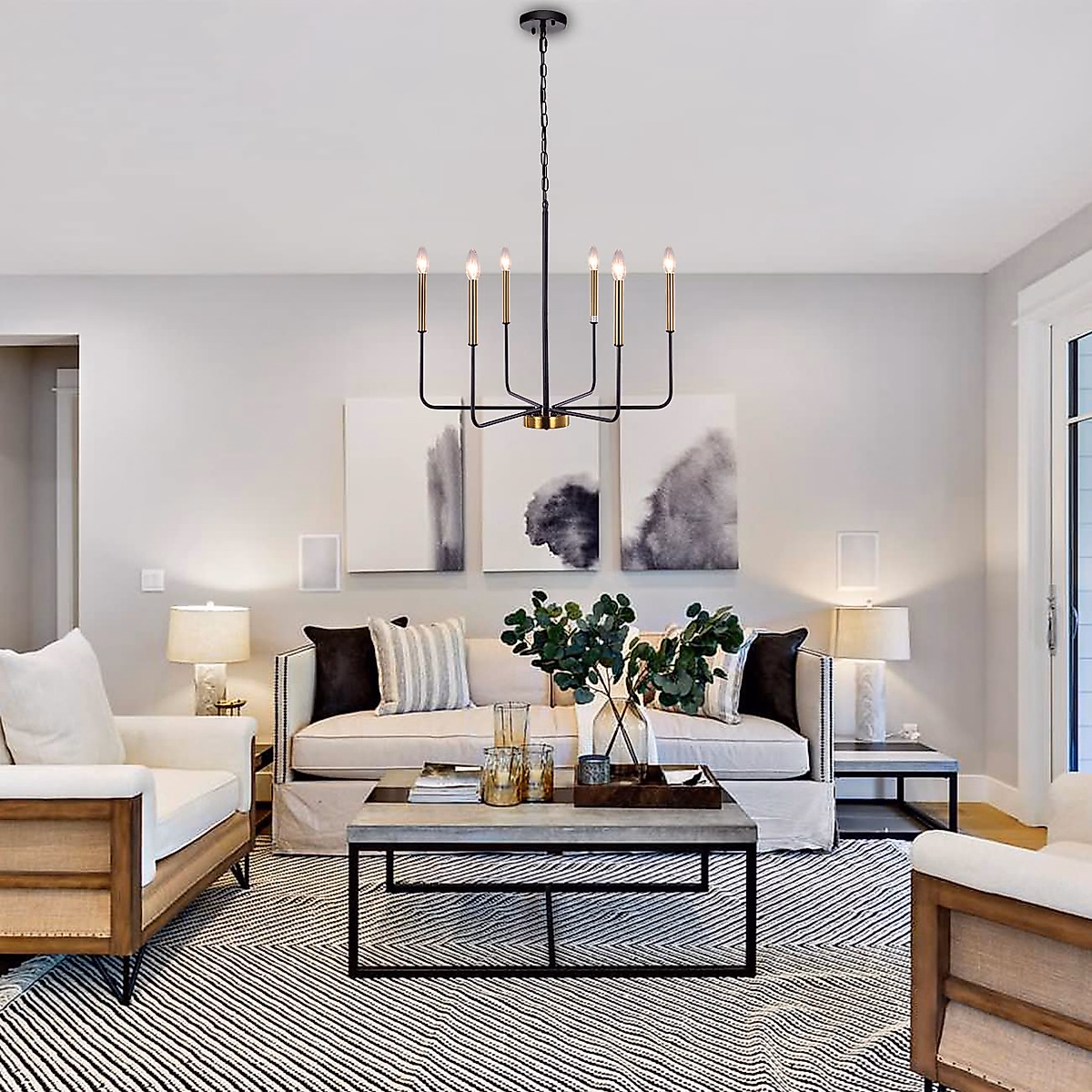 ZCHAOZ Modern Farmhouse Chandelier for Dining Room, 6 Lights Chandelier Light Fixture Adjustable Height, Black and Gold Hanging Candle Pendant Lighting for Kitchen Island Living Room Bedroom Foyer