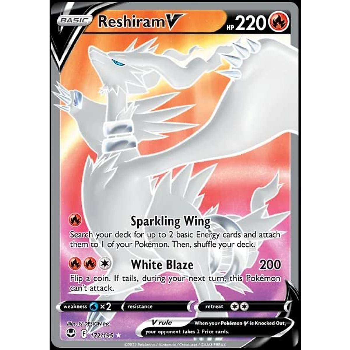 Reshiram V 172/195- Silver Tempest - Full Art -Pokemon Ultra Rare Card - Holo Foil