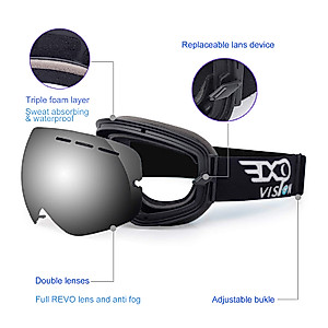 EXP VISION Snowboard Ski Goggles Men Women Youth, Anti Fog OTG Winter Snow Goggles Spherical Detachable Lens (Silver)