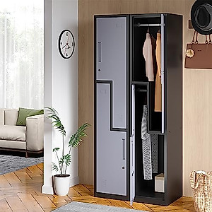BYNSOE Metal Locker L Shape with 2 Doors Employees Locker Storage Cabinet Locker School Hospital Gym Locker Requires Assembly (Black Grey)