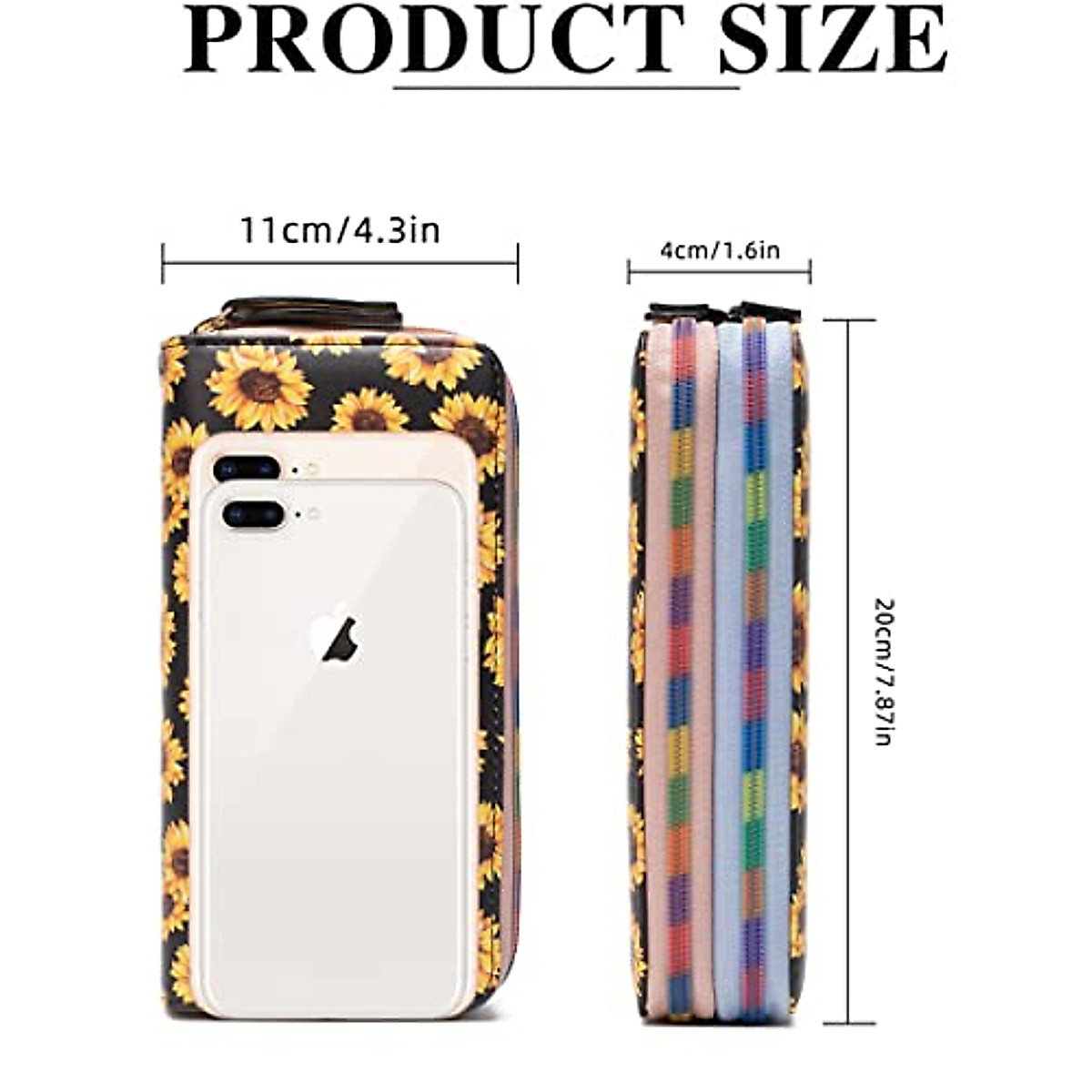 Ecohaso Sunflower Wallets for Women, Girls Wallets Cute Sunflower Pattern, Double Zipper Long Leather Wristlet Clutch Purses with Multiple Card Slots and Removable Wrist Strap for Girls (Sunflower)