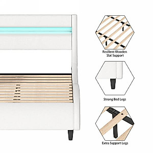 TTVIEW Upholstered Smart LED Bed Frame with Headboard, Modern Faux Leather Wave-Like Platform Bed Frame, Low Profile Bed Frame with Solid Wood Slats Support, White, Full Size