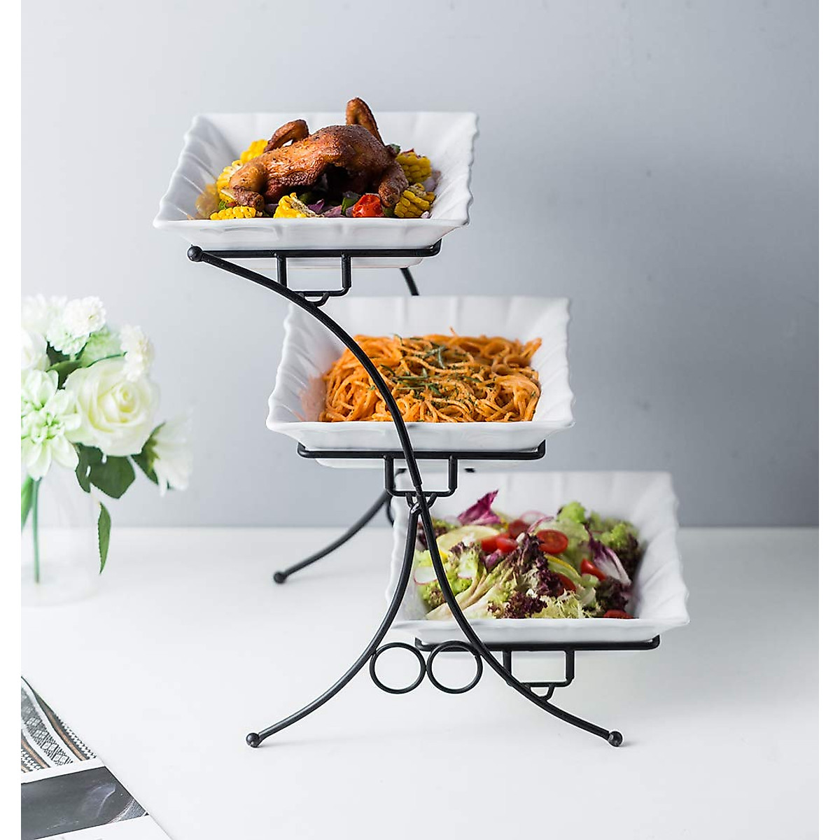 YHOSSEUN Porcelain Baking Set with Stand Tiered Serving Stand 3 Tier Buffet Server with Casserole Perfect Tray for Serving Display Large Size