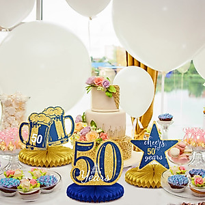 Spakon 8 Pieces 50th Birthday Decorations Glitter 50th Happy Birthday Honeycomb Centerpieces for Tables Fifty Years Blue and Gold Party Decorations Men and Woman Birthday Decorations