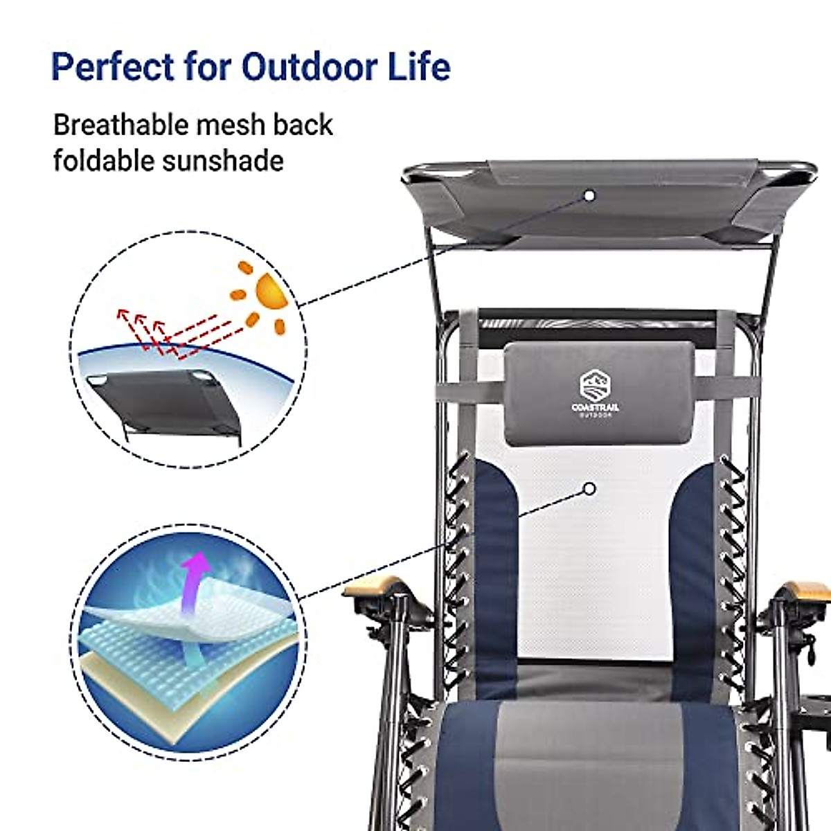 Coastrail Outdoor Zero Gravity Chair with Shade, 400lbs Capacity Mesh Back Padded Reclining Lounge Chair Plus Cup Holder, Table for Yard Patio Lawn Blue