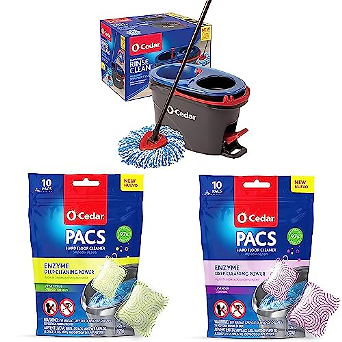 O-Cedar EasyWring RinseClean Microfiber Spin Mop & Bucket Floor Cleaning System & PACS Hard Floor Cleaner & PACS Hard Floor Cleaner, Lavender Scent 10ct (1-Pack)