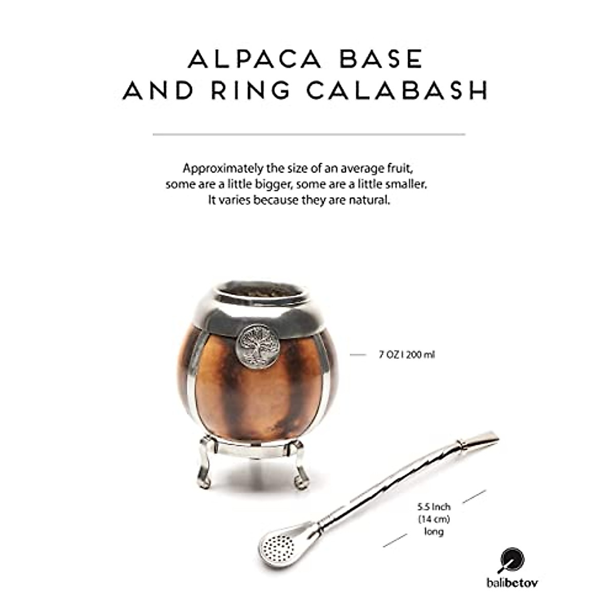BALIBETOV [New Handmade Yerba Mate Gourd Set - German Silver Trim and Base - [Mate Cup] with Bombilla [Yerba Mate Straw] (Natural)