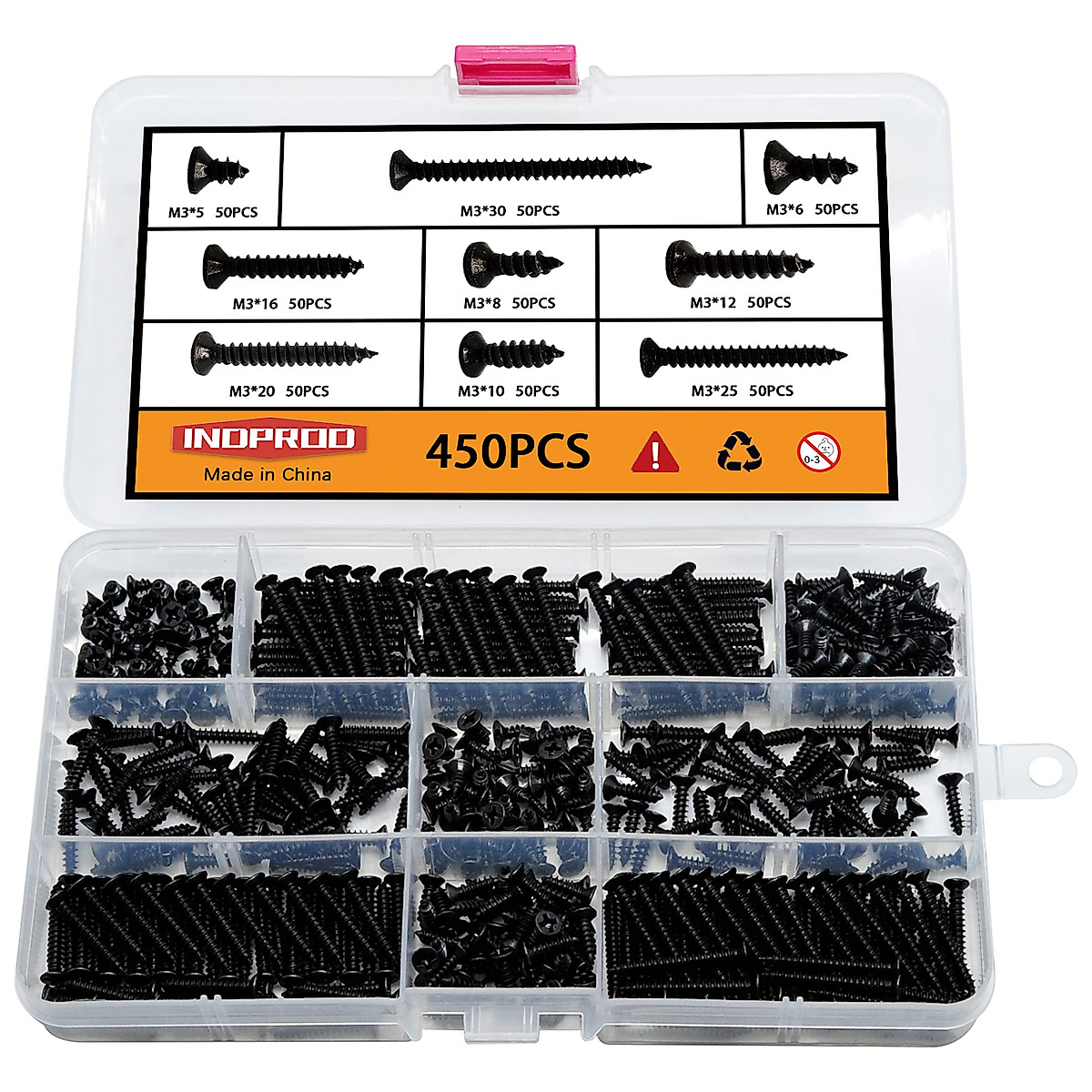 Indprod M3 Flat Head Wood Screws Assortment Fasteners Kit 450pcs,Phillips Drive Countersunk Head Self-Tapping Screws,Carbon Steel