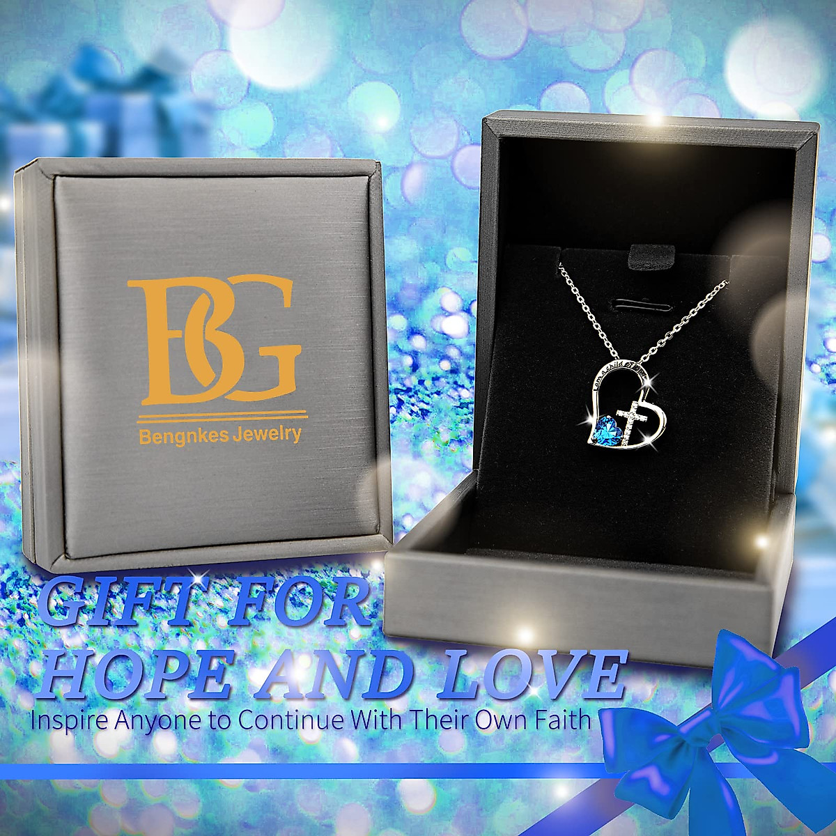 Bengnkes BG 925 Sterling Silver I Am a Child of God Cross Pendant Necklaces for Women, March Birthstone Blue Heart Necklace Communion Goddaughter Christian Baptism Gifts