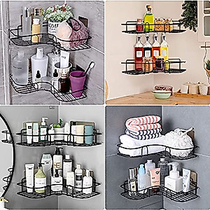 Shower Caddy Corner Shelf Organizer 2 PACK With 8 Pack Powerful Adhesive Hooks Wall Mounted Rust Proof Shower Rack No Drilling Corner Shower Shelf For Bathroom Storage Bathtub Accessories Black…