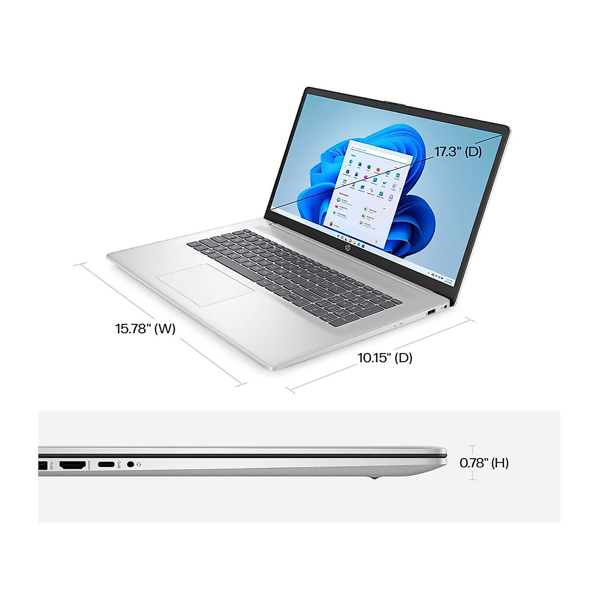 HP 17 HD+ Laptop, 2023 Upgrade, Intel Core i3-1125G4 (Quad-core), 64GB RAM, 1TB SSD, Webcam, Wi-Fi, HDMI, USB-C, Fast Charge,Bluetooth, Windows 11, School and Business Ready, ROKC HDMI Cable