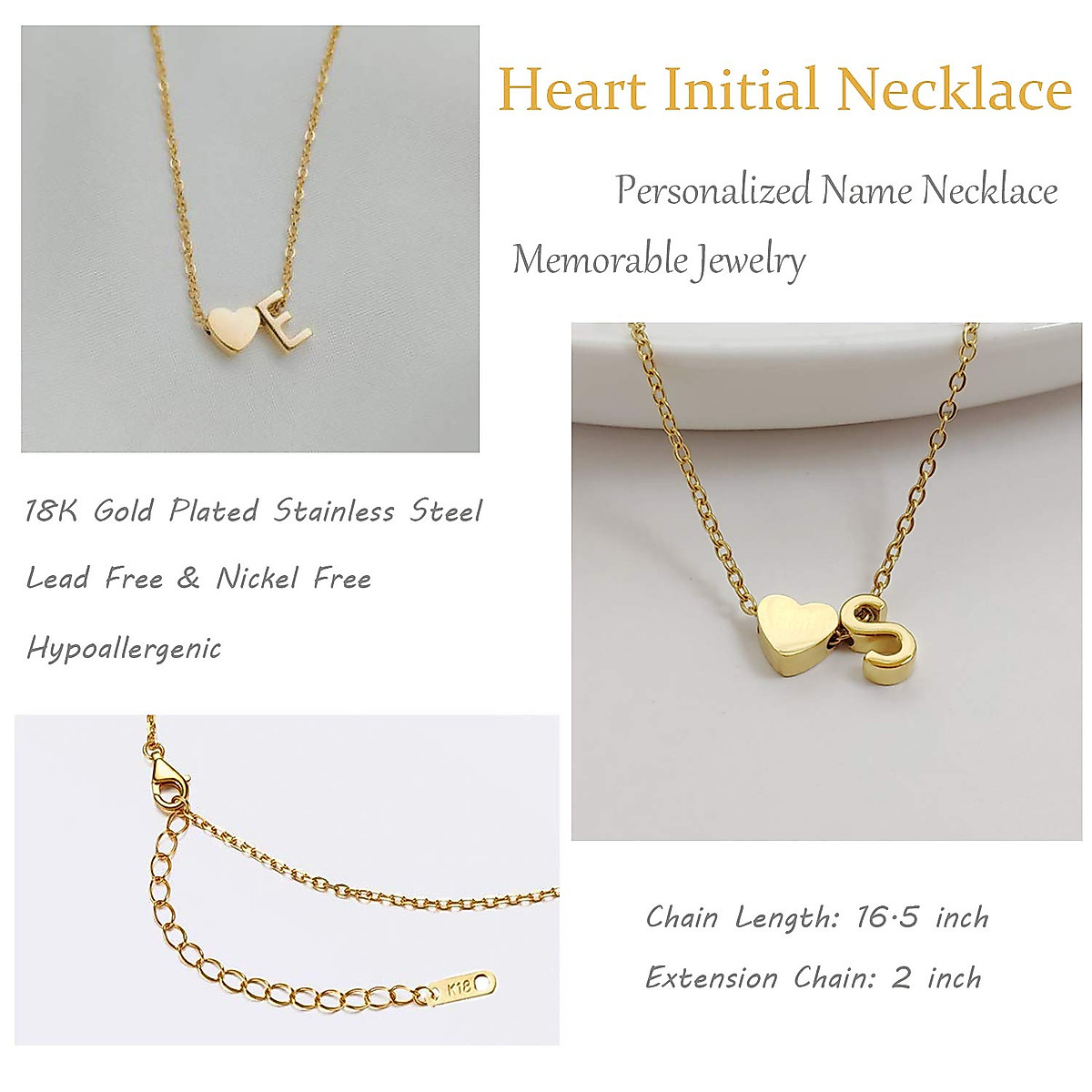 Glimmerst Initial Heart Necklace,18K Gold Plated Stainless Steel Tiny Heart Letter J Necklace Personalized Monogram Name Necklace for Women