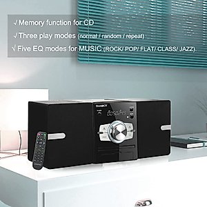 Micro CD Stereo Shelf System, 30W RMS Hi-Fi System with CD Player, Bluetooth, USB Playback, FM Radio, AUX-Input, 2-Way Music Crisp-Sound, DSP-Tech
