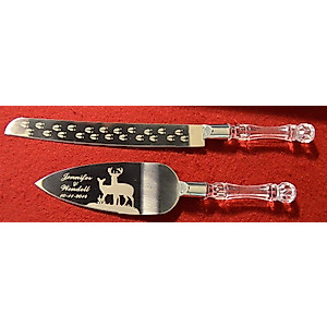 Aaron's Etching Deer Couple Buck & Doe Engraved Wedding Cake Knife/Server Set with Names and Date