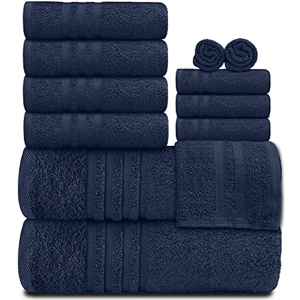 White Classic 12 Piece Bath Towel Set for Bathroom - Wealuxe Collection 2 Bath Towels, 4 Hand Towels, 6 Washcloths 100% Cotton Soft and Plush Highly Absorbent, Soft Towel for Hotel & Spa - Navy