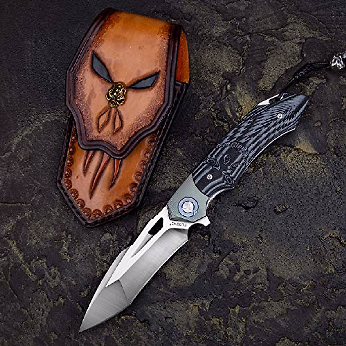 NEWOOTZ Skull Theme Folding Pocket Knife with Leather Sheath, Handmade Titanium Damascus Steel Decoration Handle,4in 58-60HRC Blade, EDC Cool Outdoor Tanto Point Knives for Men Women
