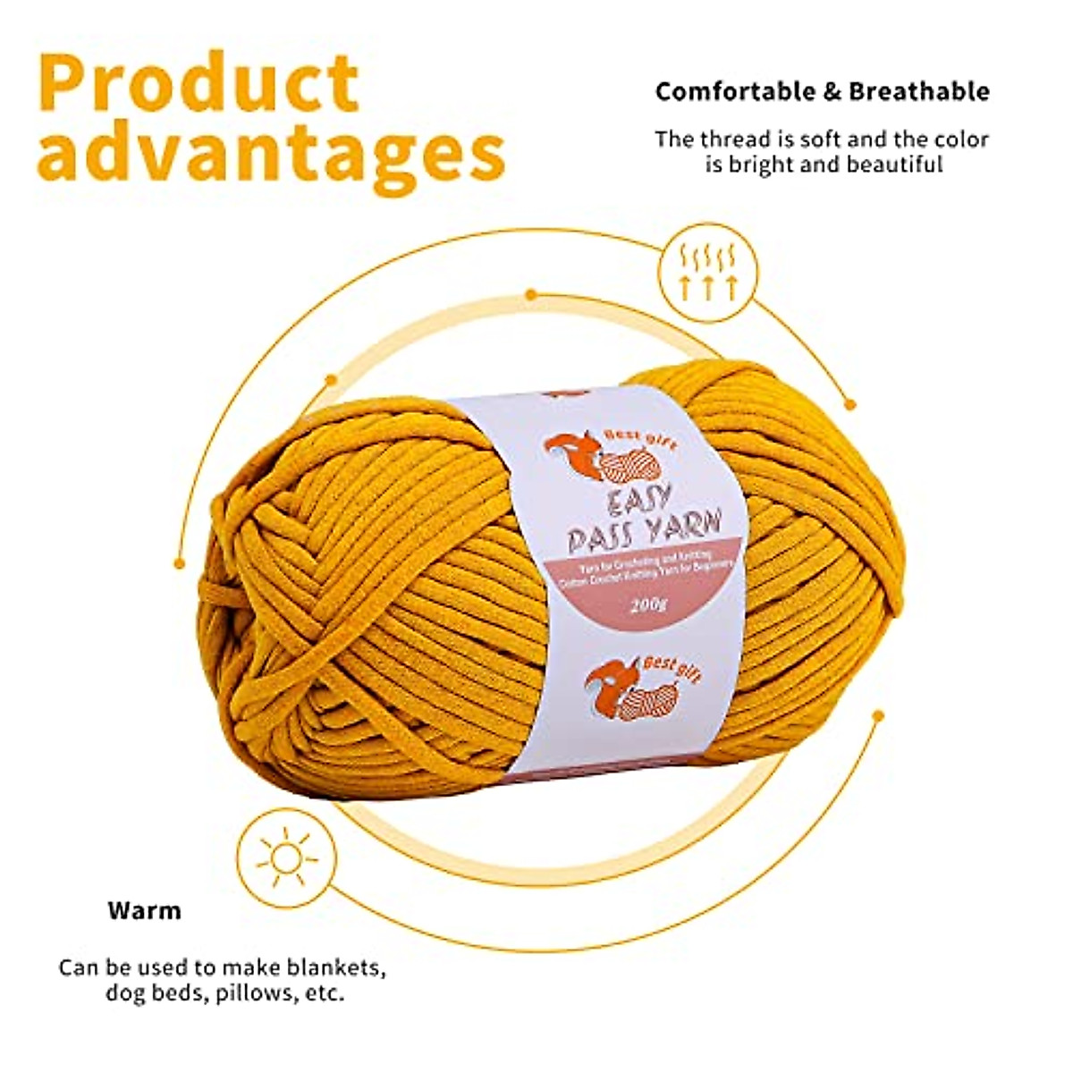 Fedmut Yarn for Crocheting -200g Beginners Chunky Cotton Yarn Easy-to-See Stitches Thick Worsted Yarn for Knitting Craft -Yellow