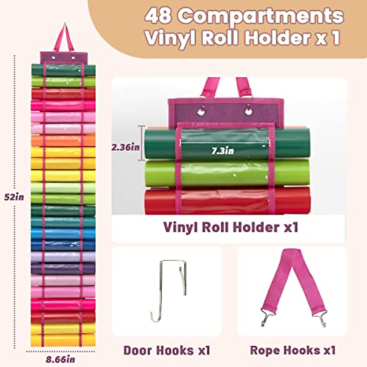 TDIFFUN Vinyl Organizer Storage with 48 Compartments, Hanging Vinyl Roll Holder Rack Wall Mount/Over The Door, Vinyl Carrying Holder Bag Gift Wrap Organizer for Craft (Pink)