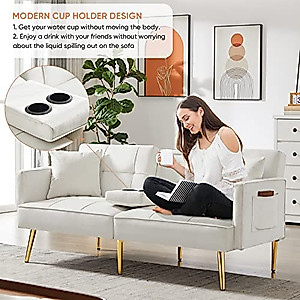 Antetek Convertible Futon Sofa Bed, 69-inch Modern Tufted Velvet Sleeper Sofa Couch Oversized Loveseat Sofa w/3 Adjustable Positions, 6 Metal Legs and Cup Holder for Living Room Bedroom Office, White