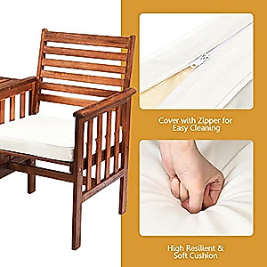 HAPPYGRILL Acacia Wood Loveseat with Table Patio Bistro Set Wooden Table Chairs Set with Cushions, Outdoor Furniture Set with 2.1-inch Umbrella Hole for Garden Balcony