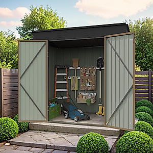 Devoko 6 x 8 FT Outdoor Storage Shed, Metal Garden Tool Sheds & Outdoor Storage House with Sloped Roof for Patio Lawn Backyard (Brown)