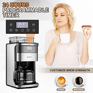 Homtone 10-Cup Coffee Maker with Burr Grinder Built-in,Programmable Grind & Brew, Smart LED Touchscreen Auto Drip Machine, 950W, Black/Stainless Steel, Customizable Strength & Grind Size