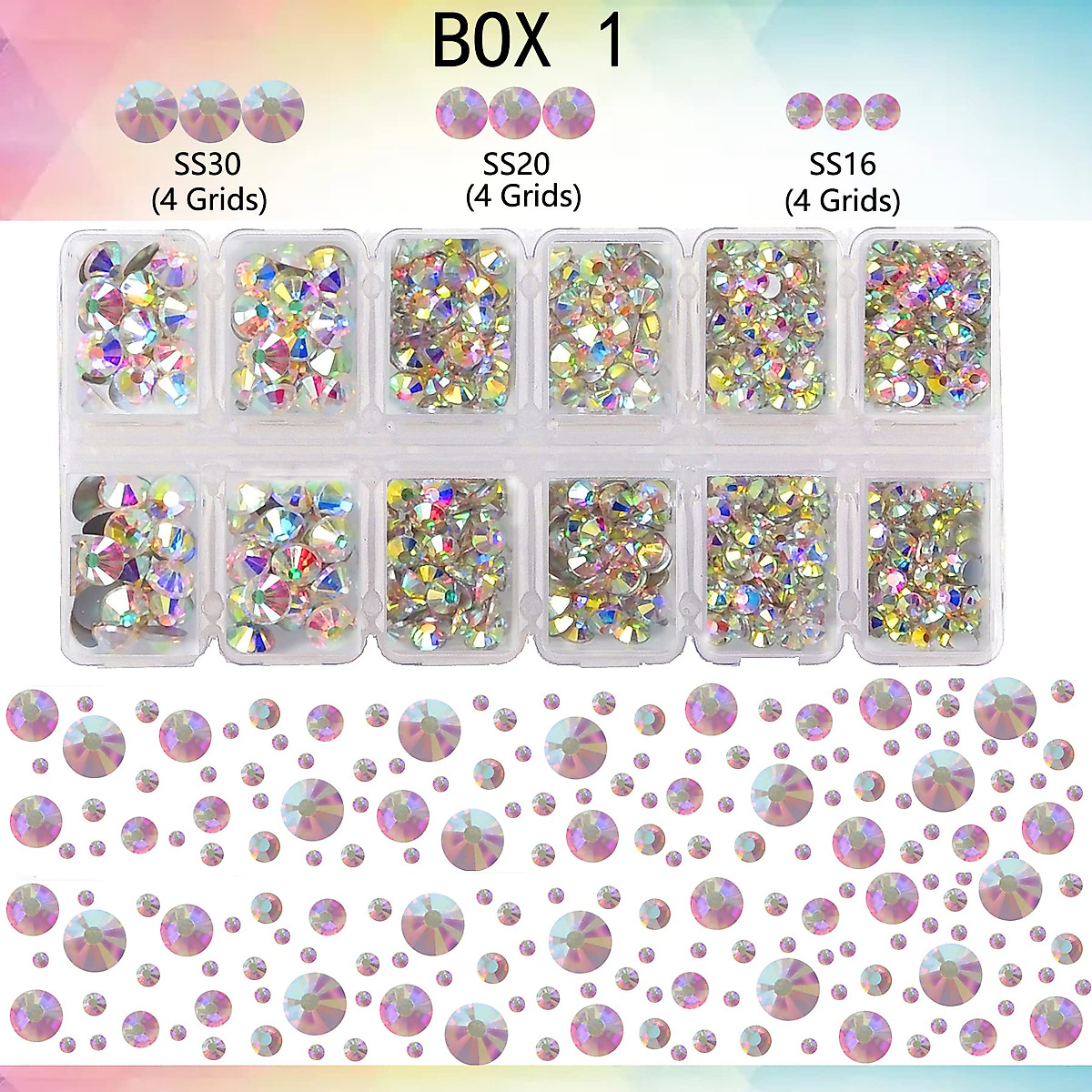 2-Box Massive Beads 8000pcs 6Sizes Nail Art Flatback Glasses Rhinestones Crystal for DIY Project with Tweezers and Picking Pen for Nail Art, Face Art, Manicure (Crystal AB, 6 Sizes)