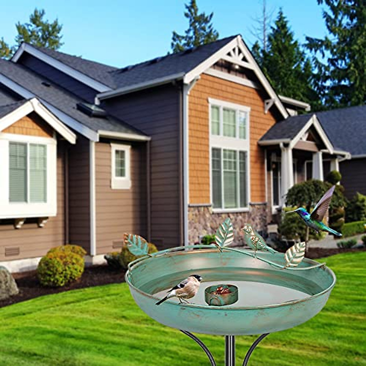 DREAMSOUL 5 Prongs Base Bird Bath with Metal Stake, Garden Bird Bath for Outdoors Tall Bird Bath Cast Iron Freestanding & Lightweight Bird Bath, Gold(37.4" H x 12.1" W)