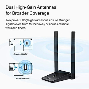 TP-Link USB WiFi Adapter, AC1300Mbps Dual Band 5dBi High Gain Antenna 2.4GHz/ 5GHz Wireless Network Adapter for Desktop PC (Archer T4U Plus)- Supports Windows 11/10/8.1/8/7, Mac OS 10.9-10.14