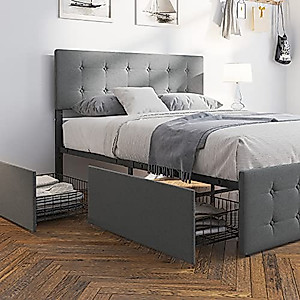 Amyove Full Size Bed Frame with 4 Storage Drawers,Grey Full Size Platform Bed Frame with Adjustable Headboard and Wooden Slats Support,No Box Spring Needed (Full)