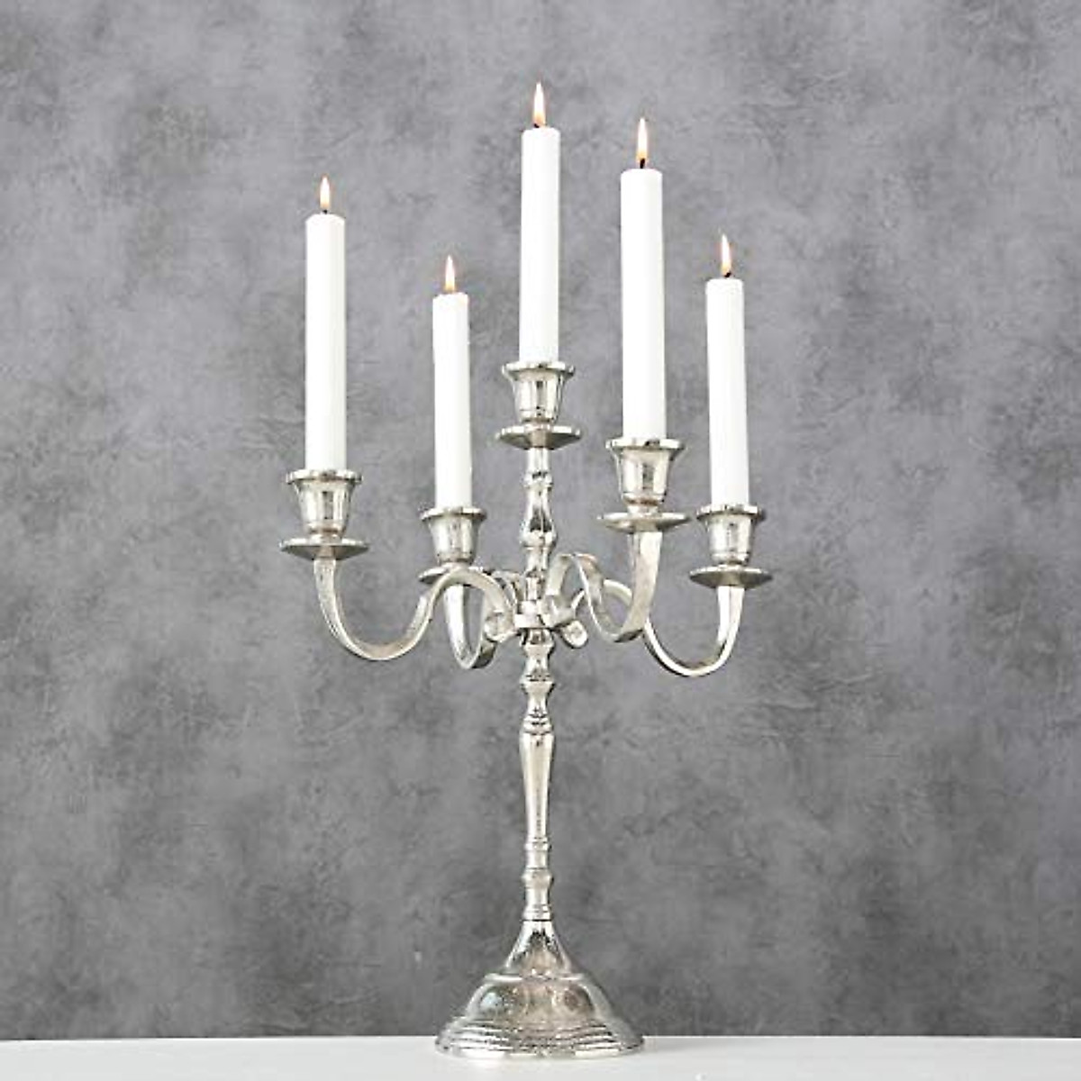 Hamptons Five Candle Candelabra, Silver Finish, Centerpiece, Hand Crafted of Cast Aluminum, Atelier Craft Surface Details, Over 1 FT High, (15.75 Inches)